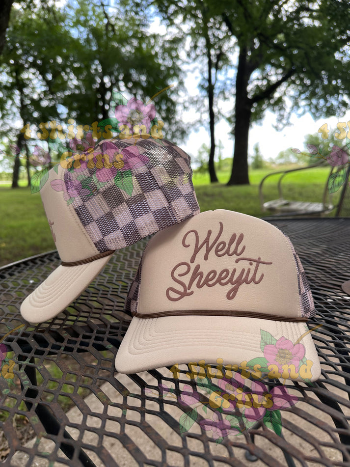 Well Sheeyit Trucker Hat | Brown Checkered Mesh Back – 4 Shirts and Grins